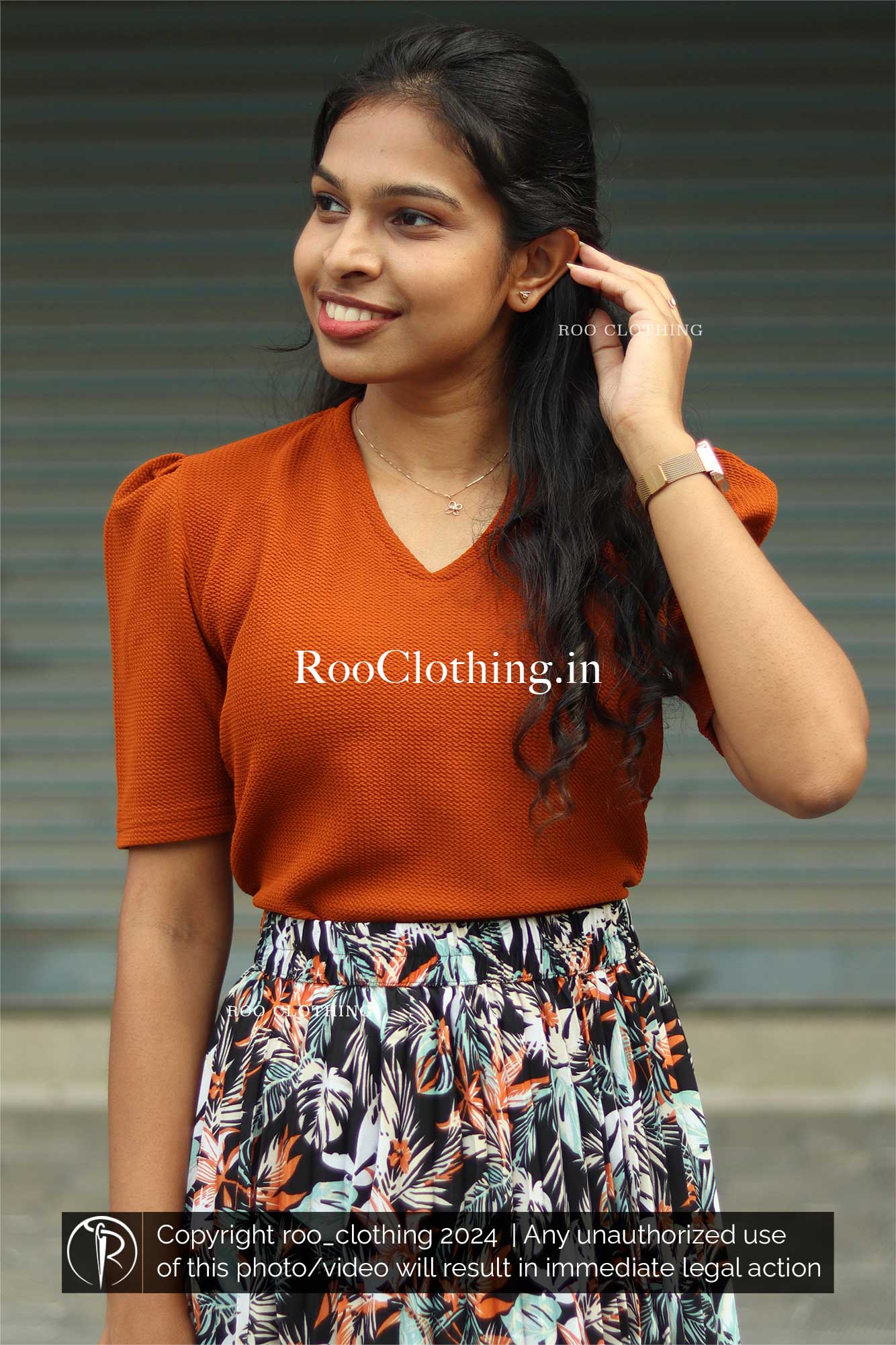 Burnt Orange Shade V Neck Top With Puff Sleeves (Top Only) – ROO CLOTHING