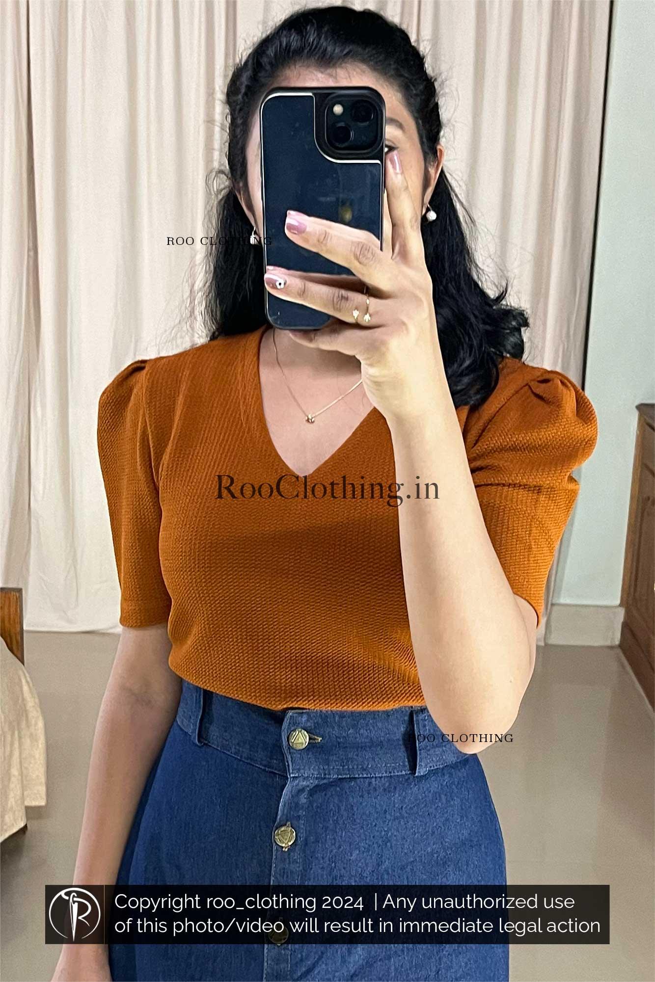 Burnt Orange Shade V Neck Top With Puff Sleeves (Top Only) – ROO CLOTHING