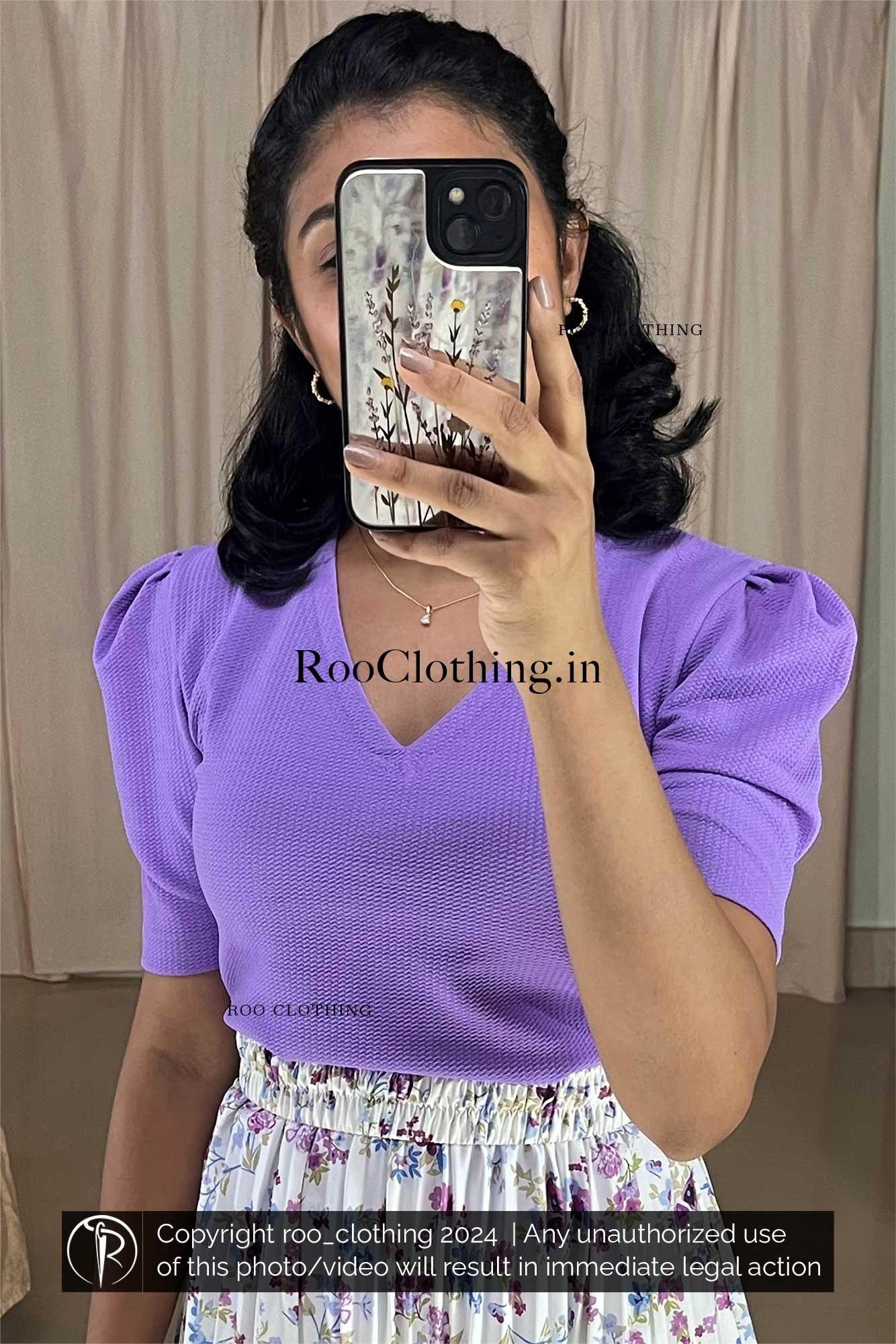 Lavender Shade V Neck Top With Puff Sleeves (Top Only) – ROO CLOTHING