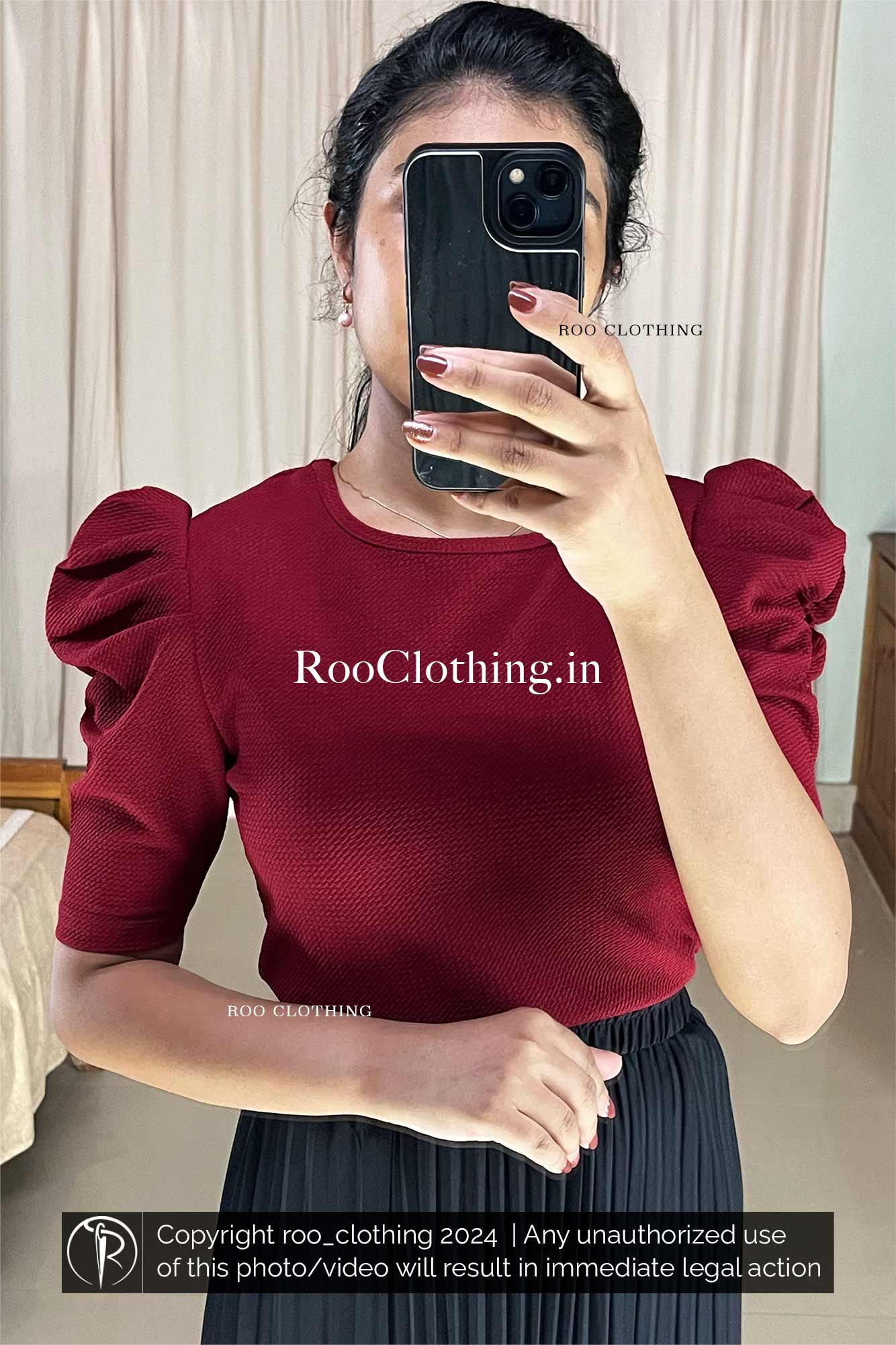 Round Neck Puff Sleeves Top in Maroon Shade (Top Only) – ROO CLOTHING
