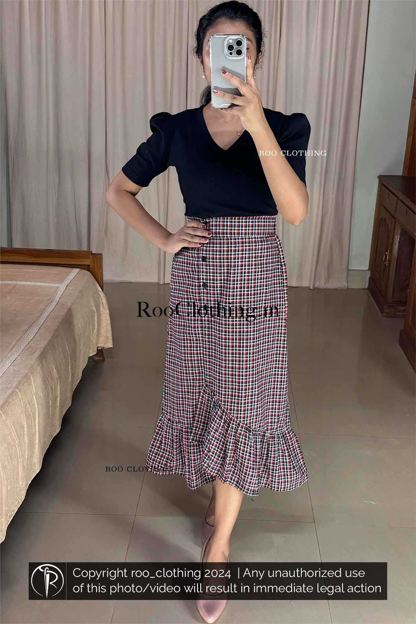 Red Tartan Checked A-Line Cotton Skirt with Layered Frill Hem (Skirt O ...